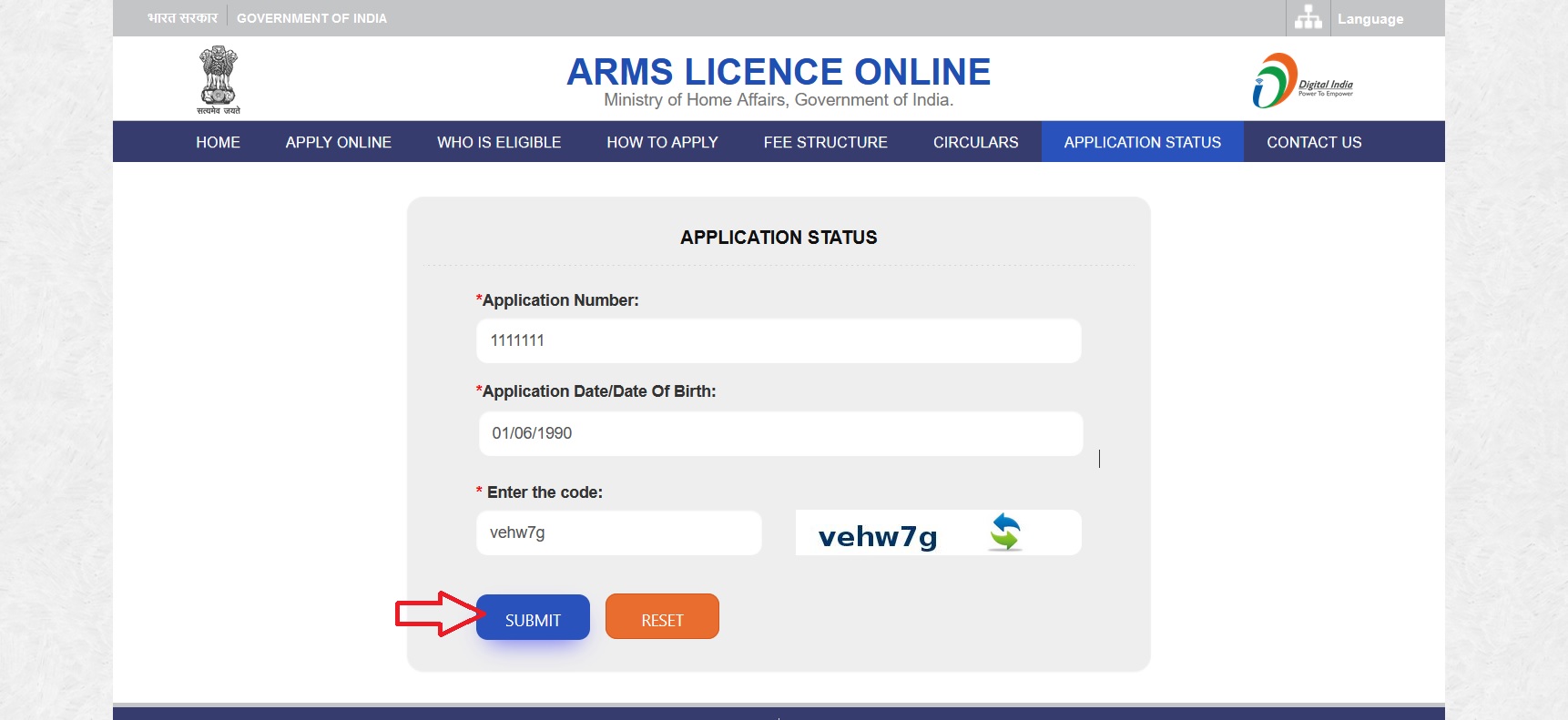 MHA Arms Licence Online Application Status Ndal alis gov in Status